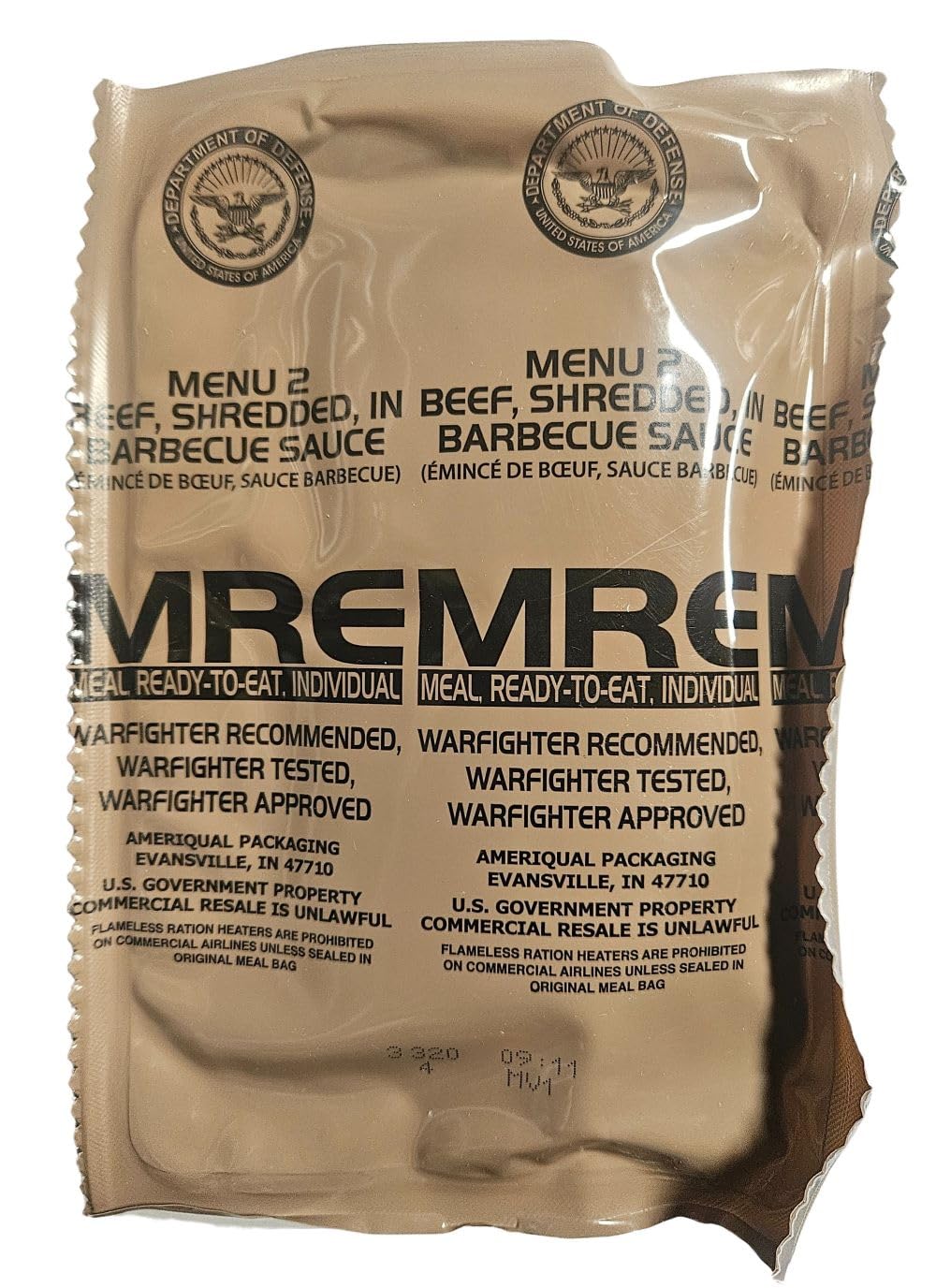 EPIDEMIC PROOF Genuine USGI MRE - BBQ Shredded Beef, Inspection Date 0 ...