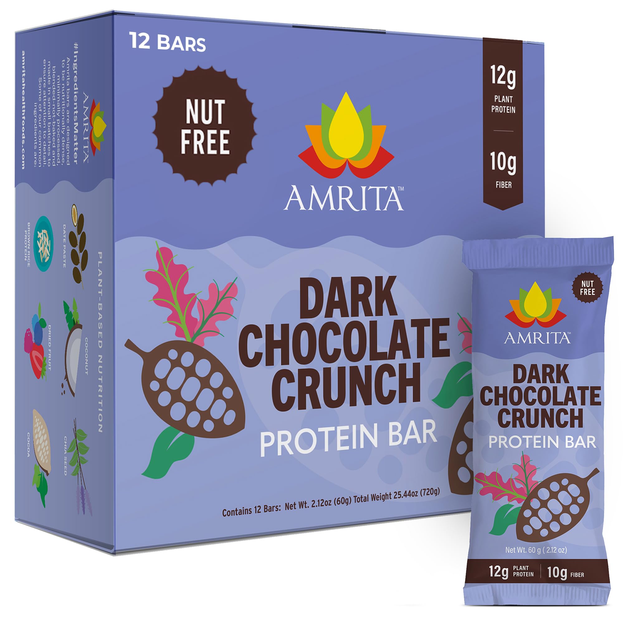 Amrita Nut Free Dark Chocolate Quinoa Vegan Protein Bars (12 Count ...