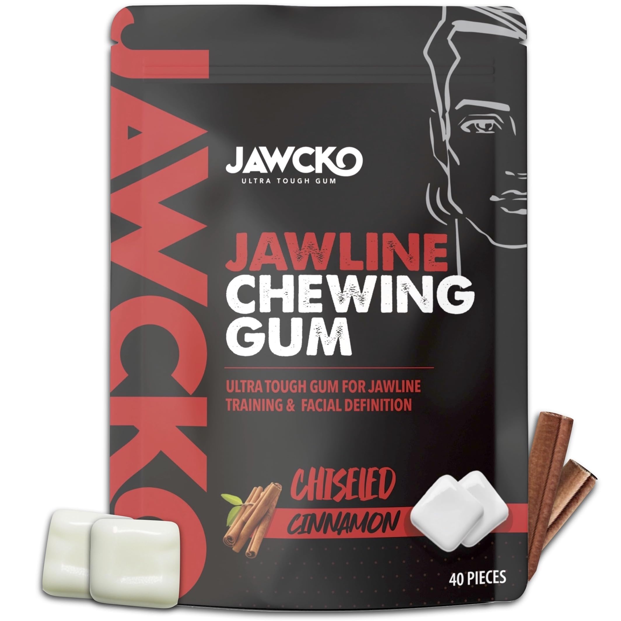 JAWCKO Ultra-Tough Jawline Chewing Gum, Cinnamon Flavor, 40 Pieces/Pac ...