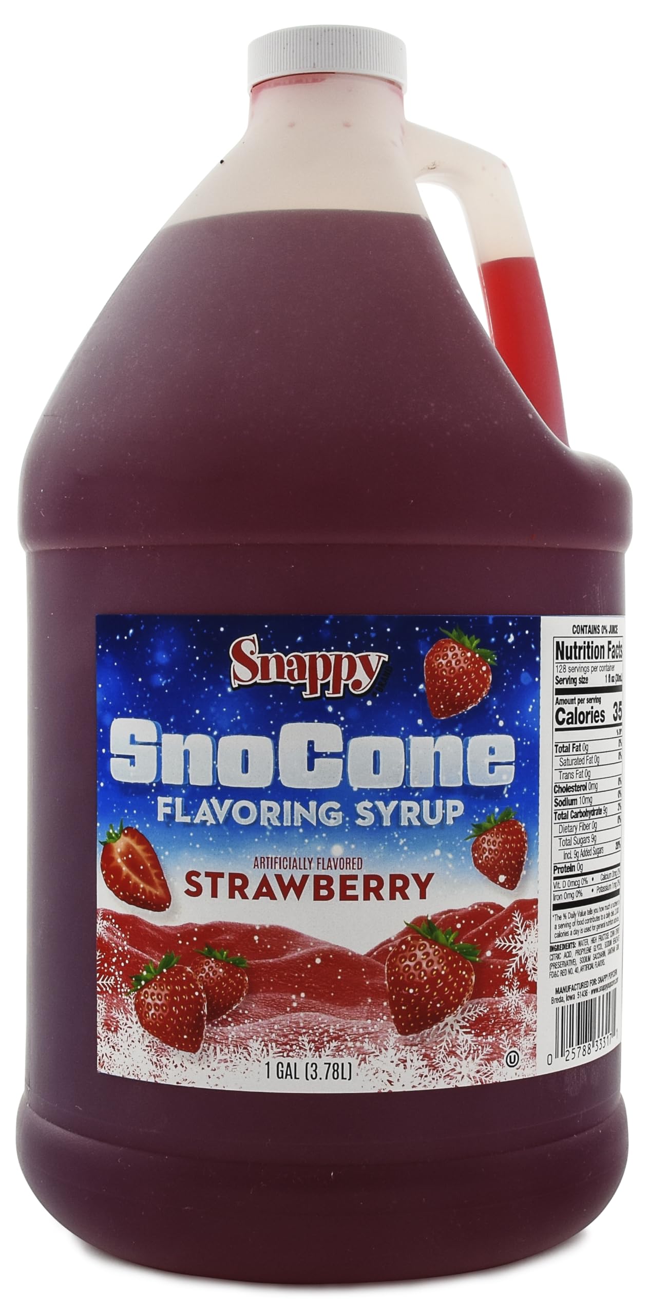 SNAPPY Sno Cone Syrup, Strawberry Flavor, Ready to Use, 1 Gallon (128 ...