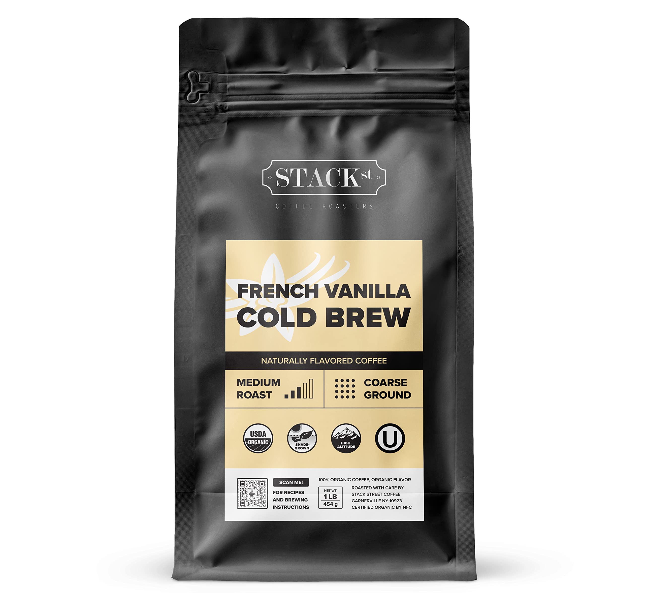 Stack Street Organic Cold Brew Coffee, French Vanilla Flavor, Coarse G ...
