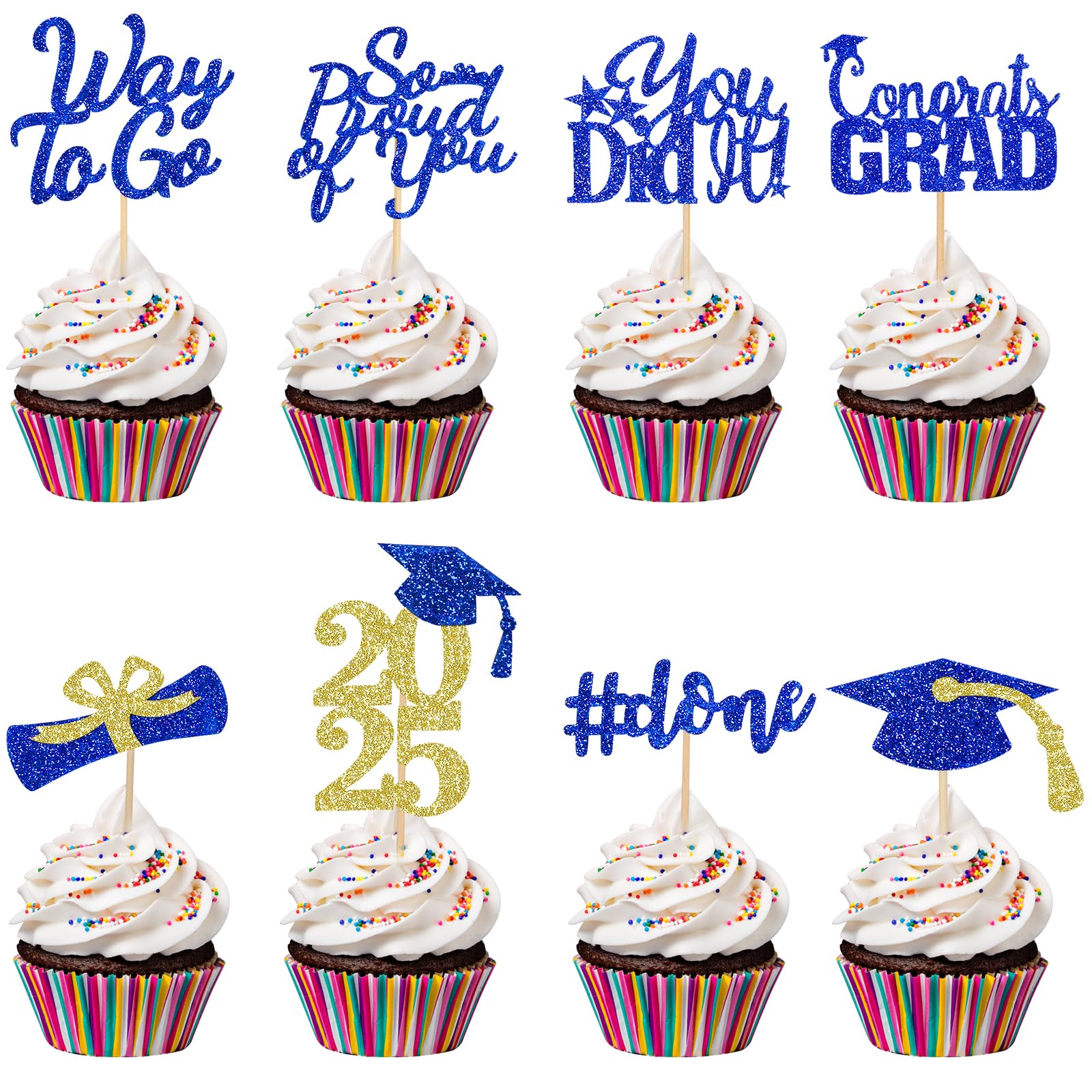 32Pcs Graduation Cupcake Toppers 2025 Blue And Silver, Class Of 2025 C ...