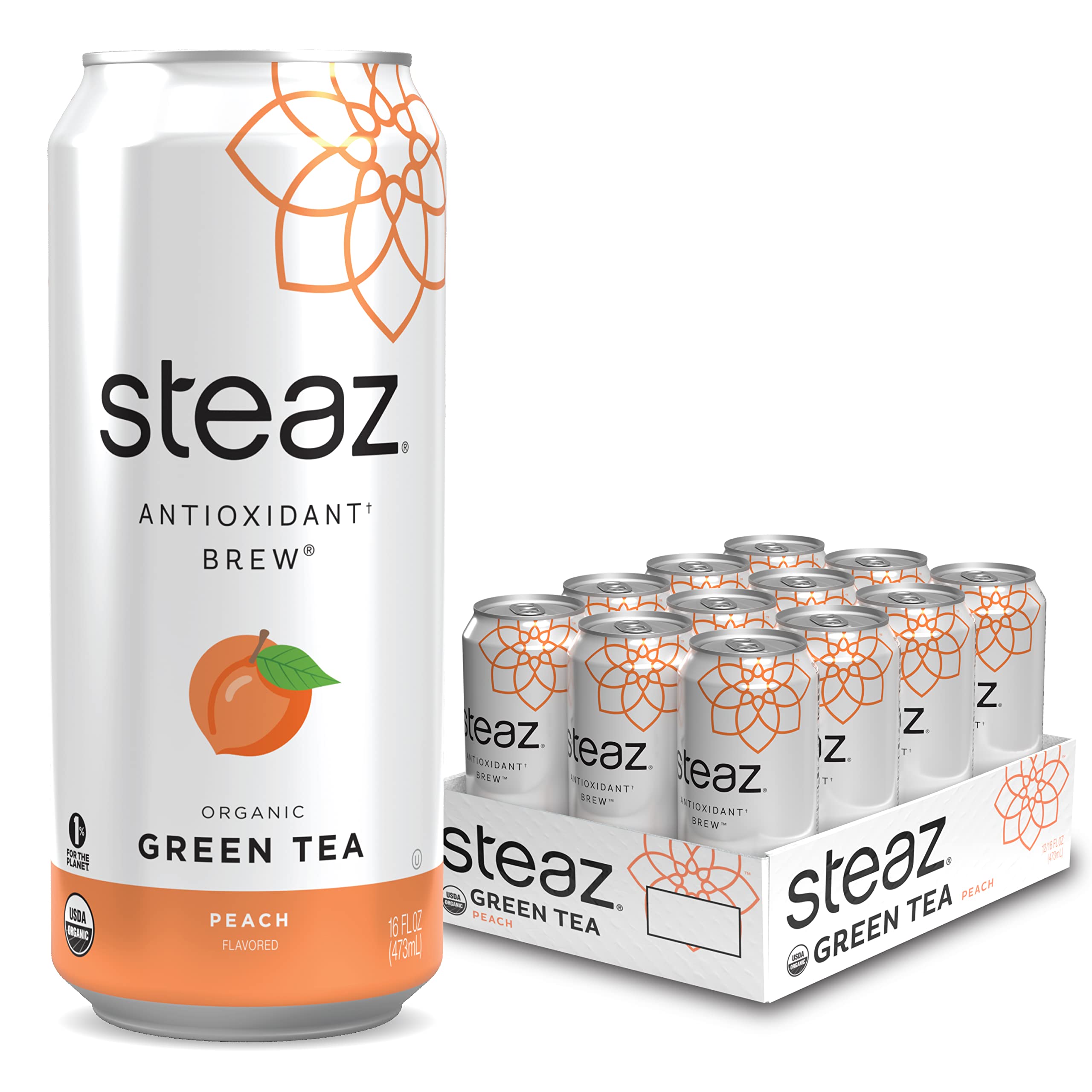 Steaz Organic Green Tea Peach - 12 Pack, 16 Fl Oz Cans, Antioxidant Br ...