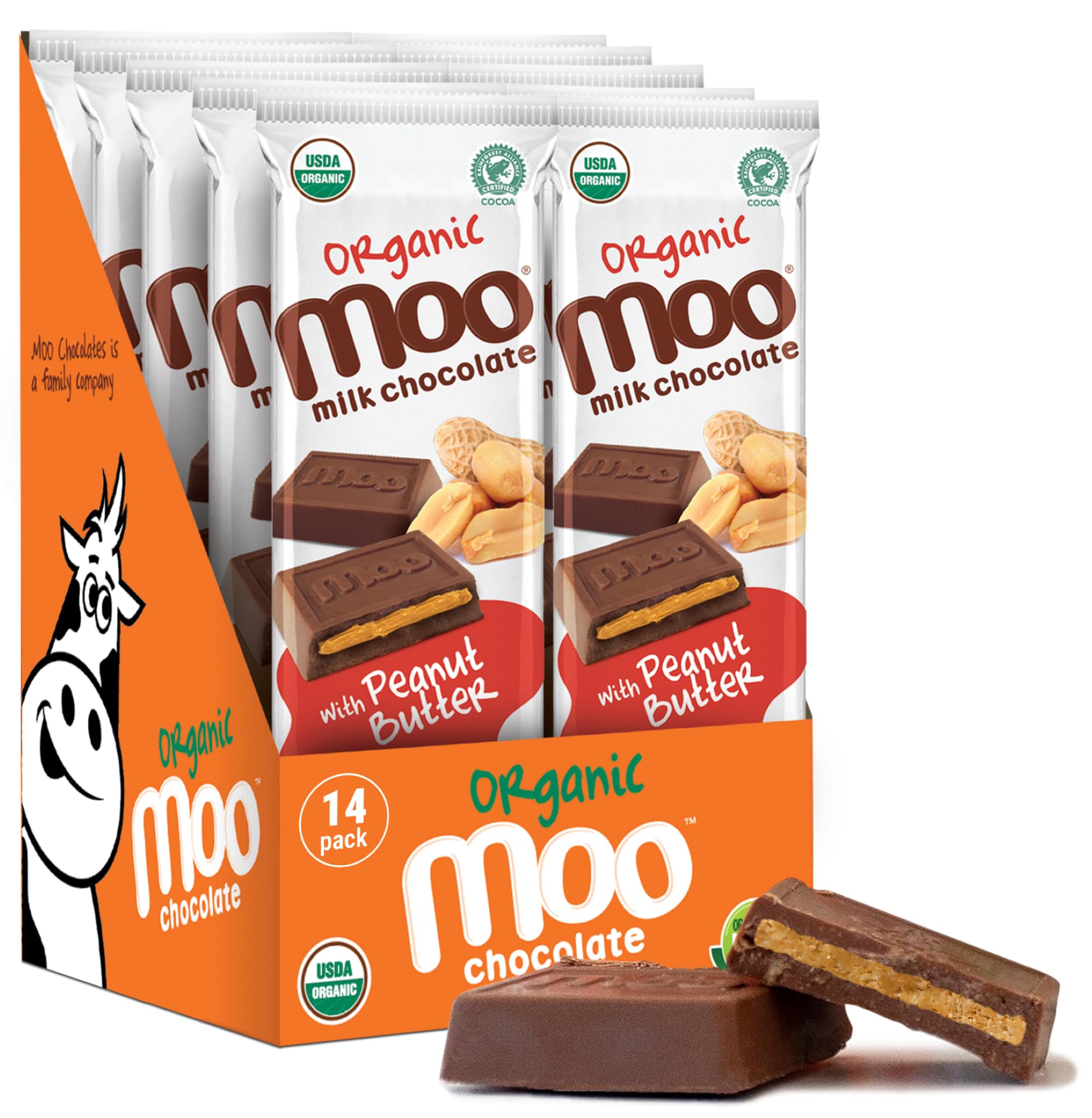 MOO CHOCOLATES Organic Milk Chocolate Bars with Peanut Butter, 14 Coun ...