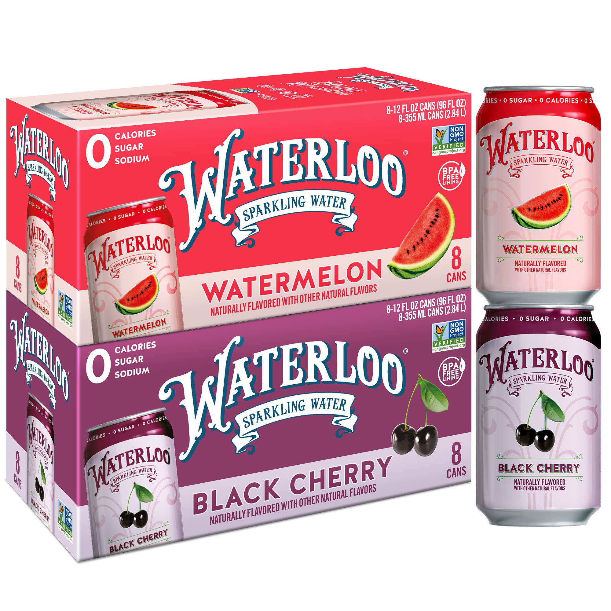 Waterloo Sparkling Water Two-Flavor Pack, 12 Fl Oz Cans, 16 Count, Bla ...