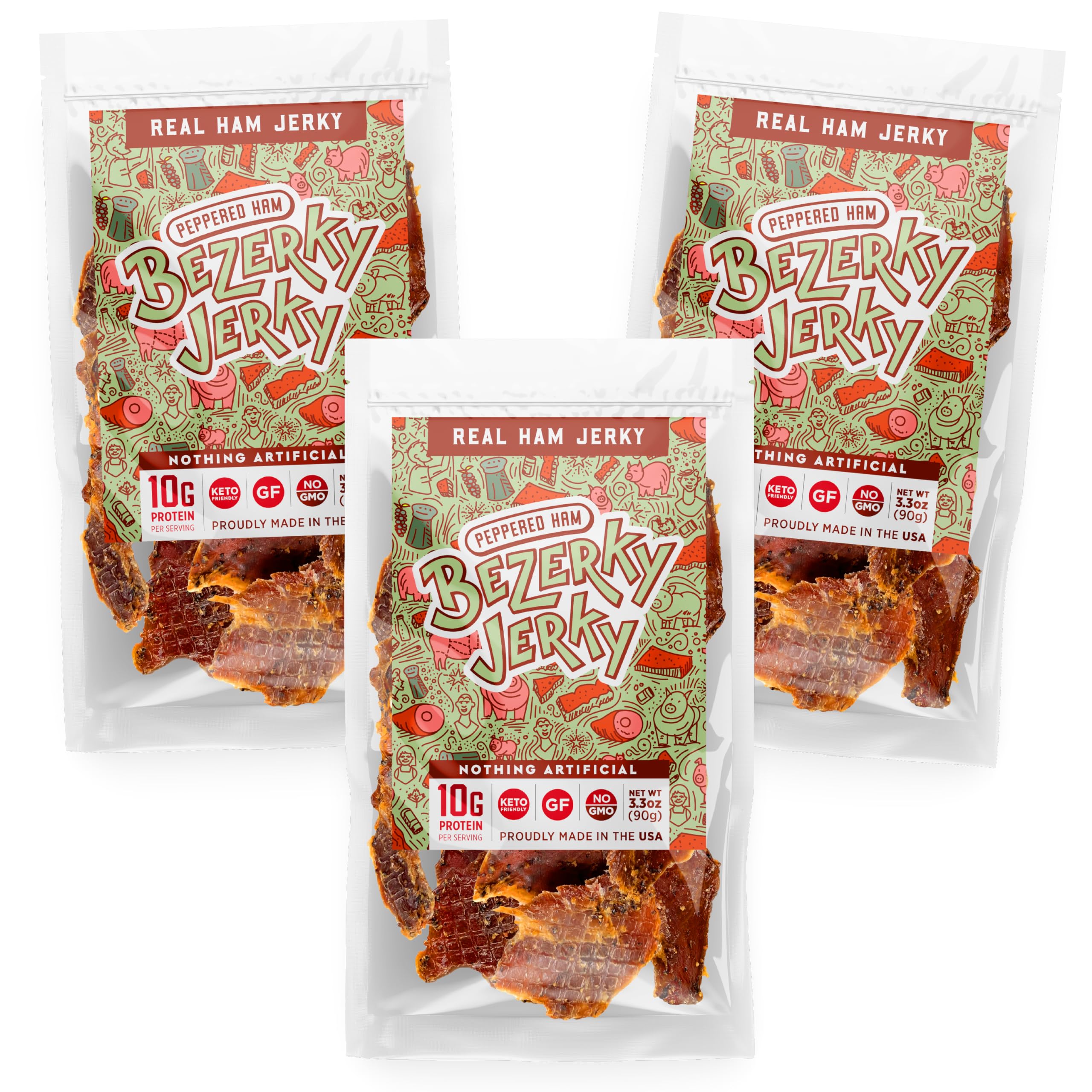 Bezerky Jerky All Natural Real Ham Jerky, Peppered, Low Fat, Gluten-Fr ...